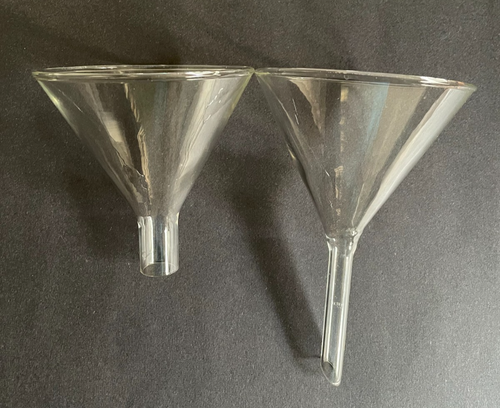 GLASS FUNNELS, LOT OF 2, ~125mm Long Stem Angle & Powder, PYREX Lab ...