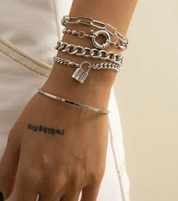 5 Stainless Steel Silver-Tone Womens Link Chain Bracelets Bangle Charm ...