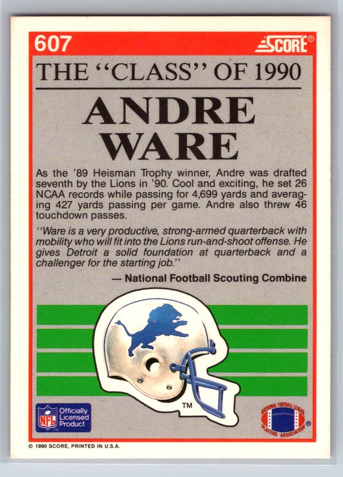 1990 Score Andre Ware Rookie Class of 1990 Detroit Lions RC #607 | eBay