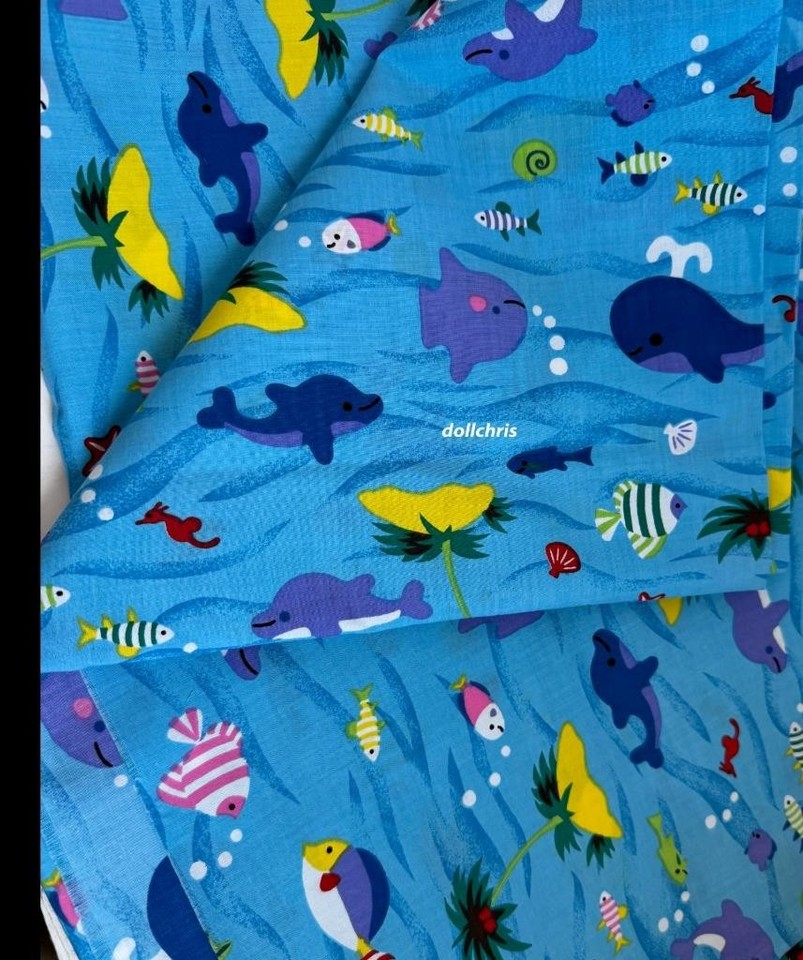 Trans-Pacific Textiles Fabric Blue Fish Whale Ocean 3-1/8 yards Cotton ...