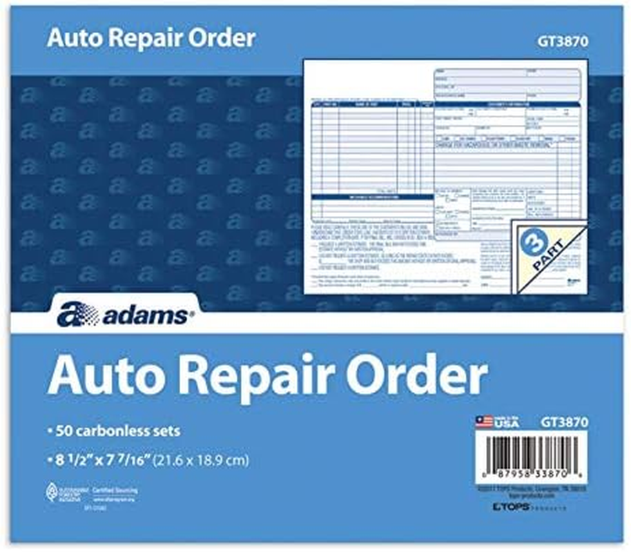 Adams Auto Repair Order Forms, 8.5 X 7.44, 3-Part, Carbonless, 50-Pack ...