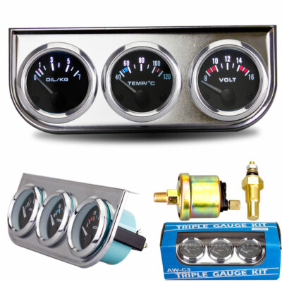 52mm Chrome Car Volt Water Temp Oil Pressure Triple 3 Gauge Meter Set ...