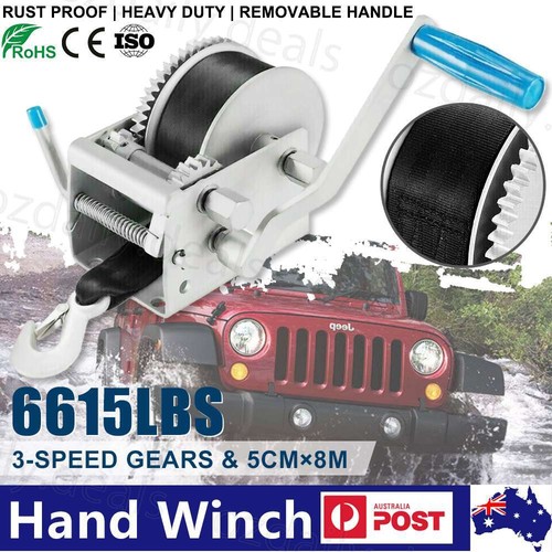 Hand Winch 6615LBS/3000KG 3 Speed Dyneema Webbing Strap Boat Car Marine ...