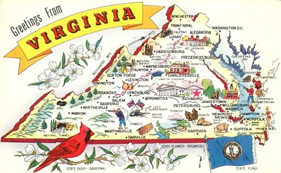 Greetings from Virginia State Highlights Pictorial Map Postcard | eBay