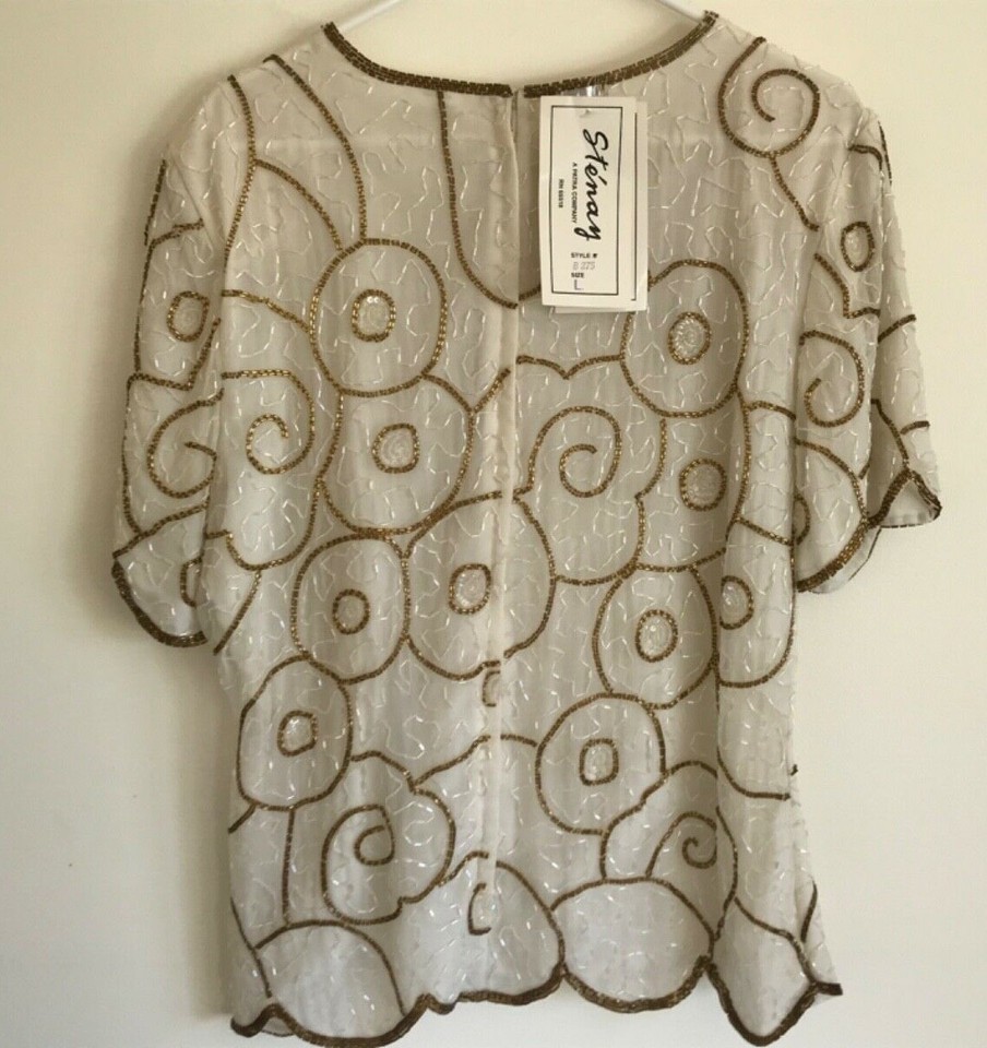 Vintage Heavy Beaded Top White Silk Blouse Top 80s Sequins NEW Stenay L ...