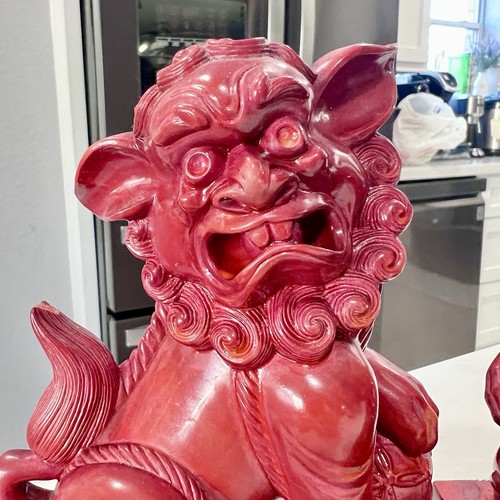 Set Of Vintage Asian Chinese Foo Dog Cinnabar Red Heavy 7” Resin Figure ...