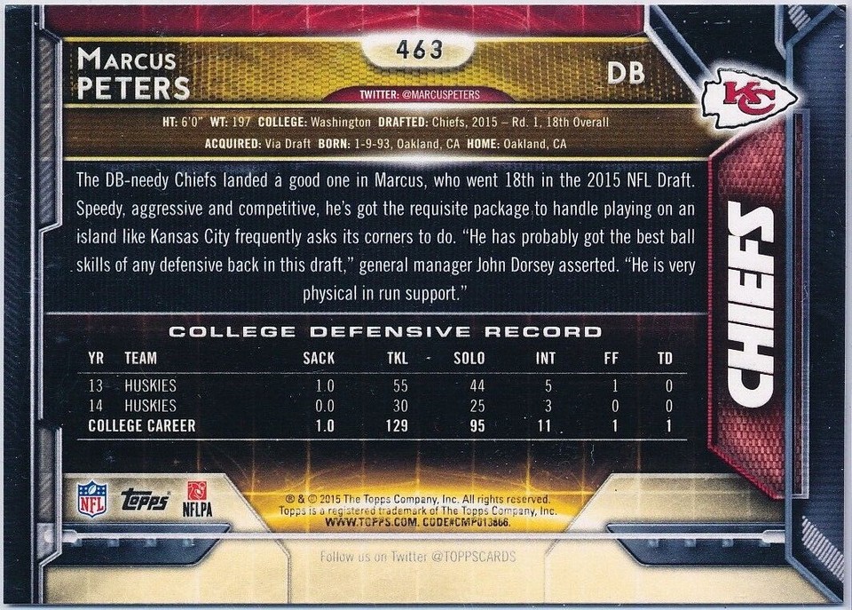 Marcus Peters 2015 Topps Football #463 Kansas City Chiefs ROOKIE | eBay