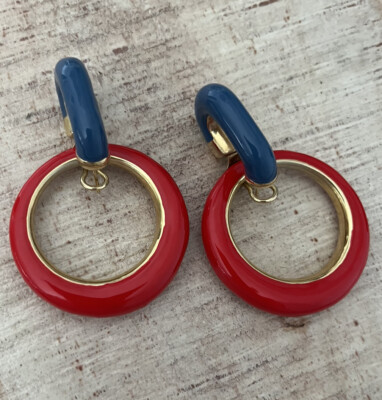 Barney’s New York Red/ Blue Two Way Enameled Hoops ITALY 925 Gold Over ...
