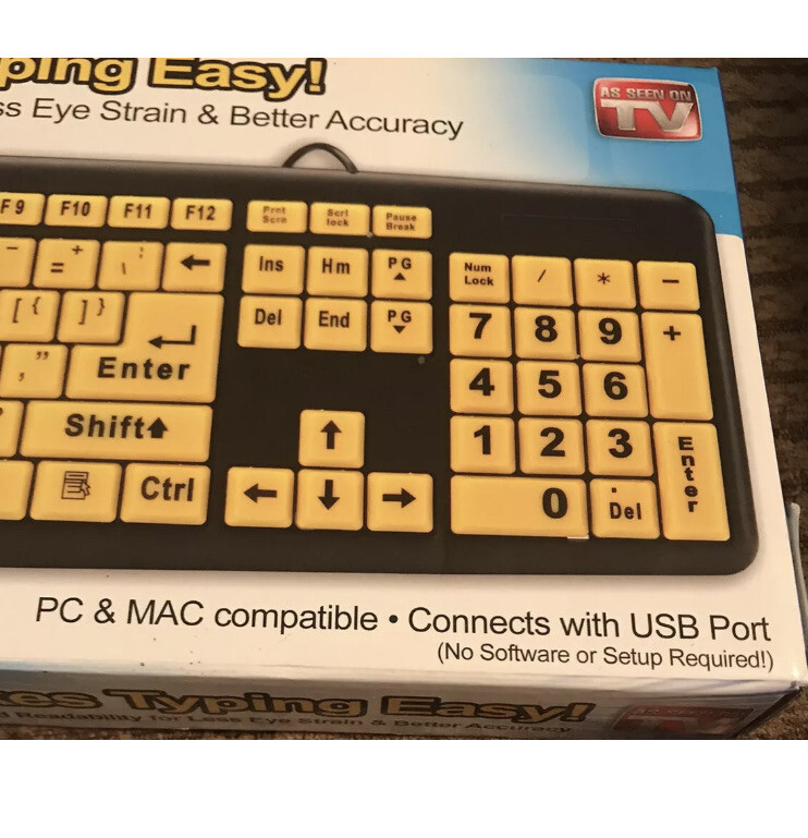 New EZ EYES Large Print Keyboard 4X Larger Yellow Computer Keys As Seen ...