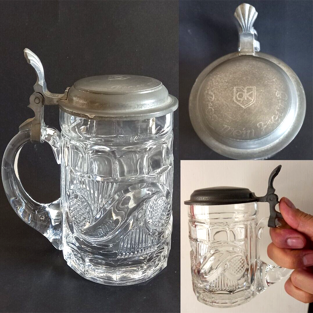 German Glass Pewter Beer Mug Stein Vintage Lid Decorated Brand/Prost ...