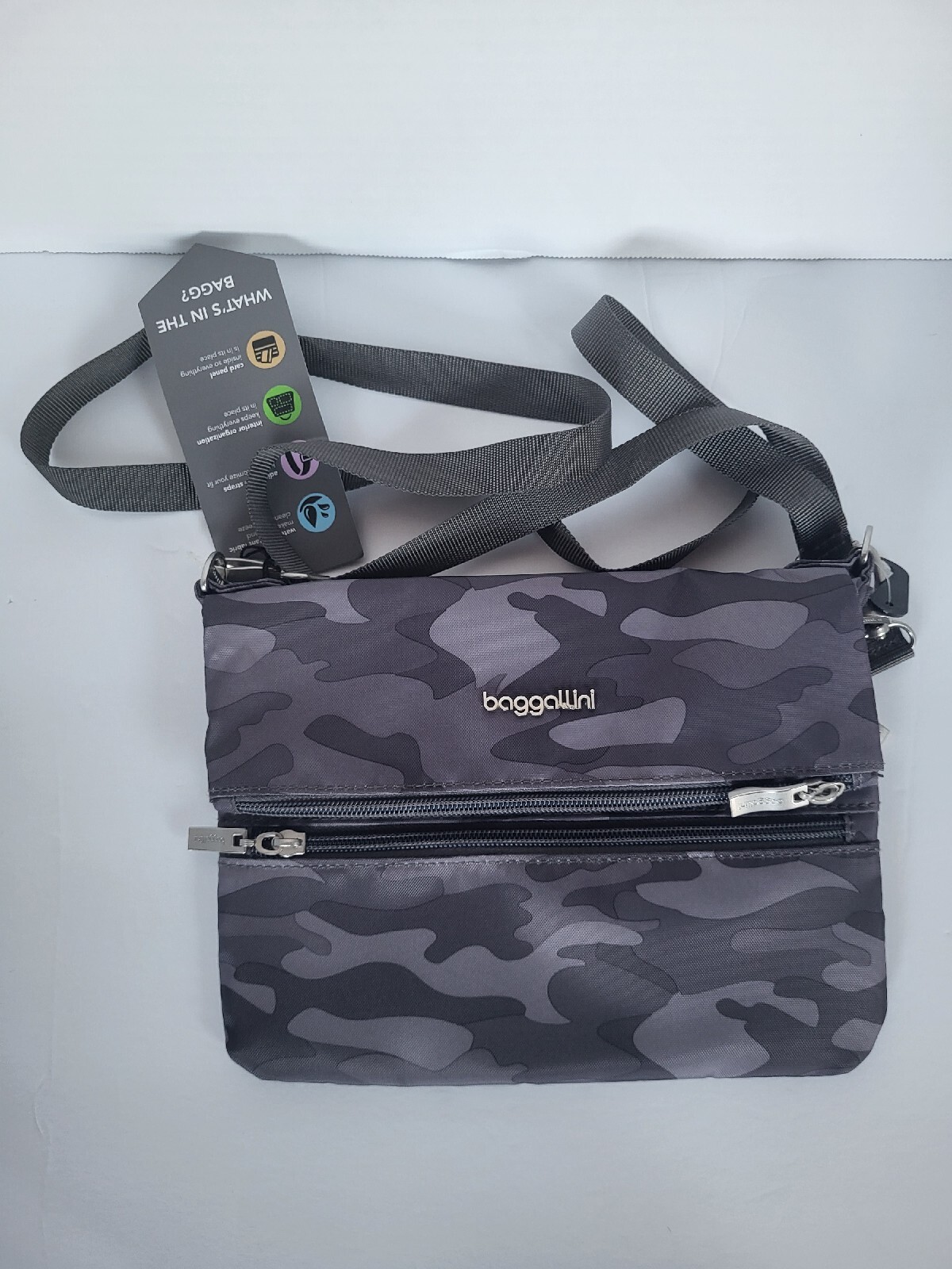 Baggallini Flip Zip Cross Body Bag Grey Camo Pattern NWT | eBay