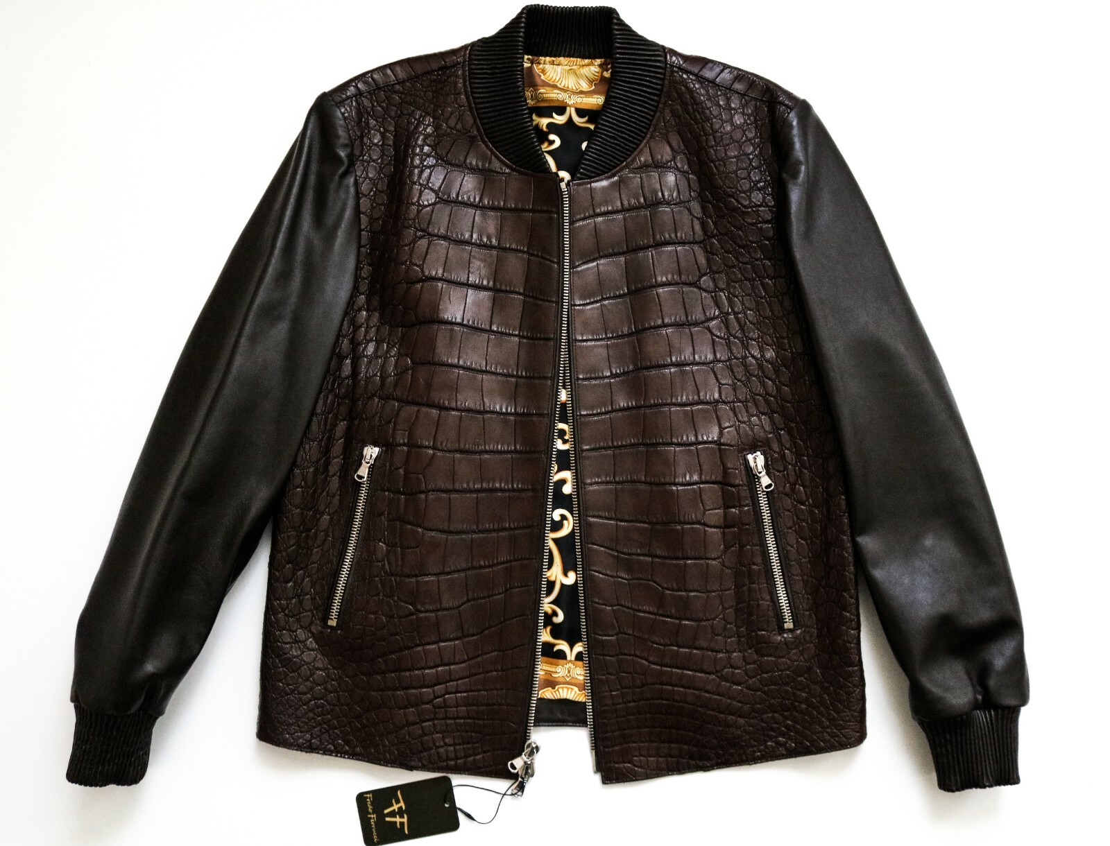 $36795 FREDO FERRUCCI Brown Crocodile Alligator Leather Bomber Jacket ...