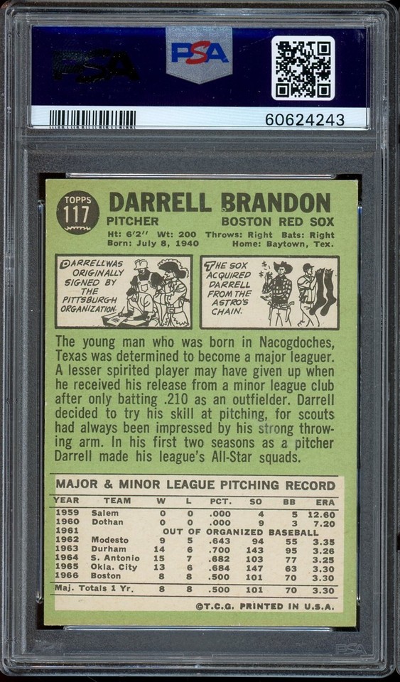 1967 Topps Baseball #117 Darrell Brandon PSA 8 *d2 ("DI" in Sky ...