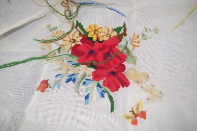 Vintage Large Needlepoint Partially Completed Canvas Poppies(?) Floral ...