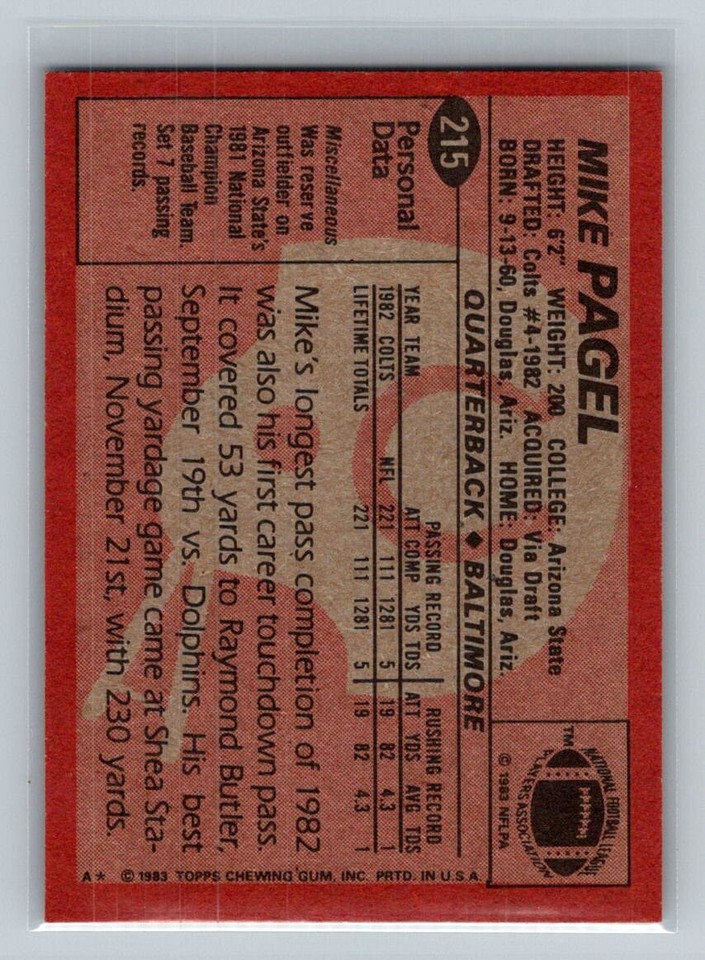 1983 NFL Topps Mike Pagel #215 Baltimore Colts 83-TFBC | eBay