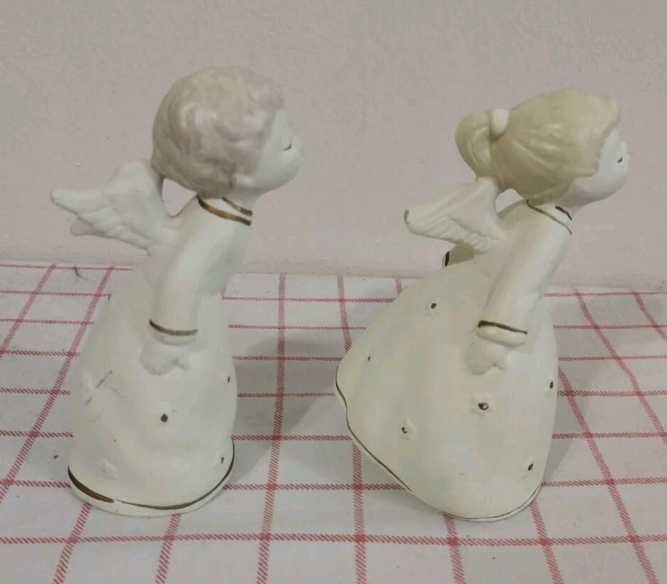 Vtg Christmas Kissing Angels Girl Boy Figurines White Wings Hand Made ...