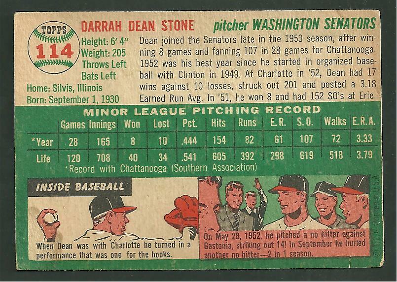 1954 Topps #114 Dean Stone Vintage Baseball Card MLB Washington ...