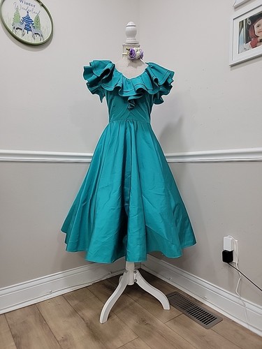 VTG'80 EDITH FLAGG Prom Formal Green Taffeta Dress /Ruffles Sleeves ...