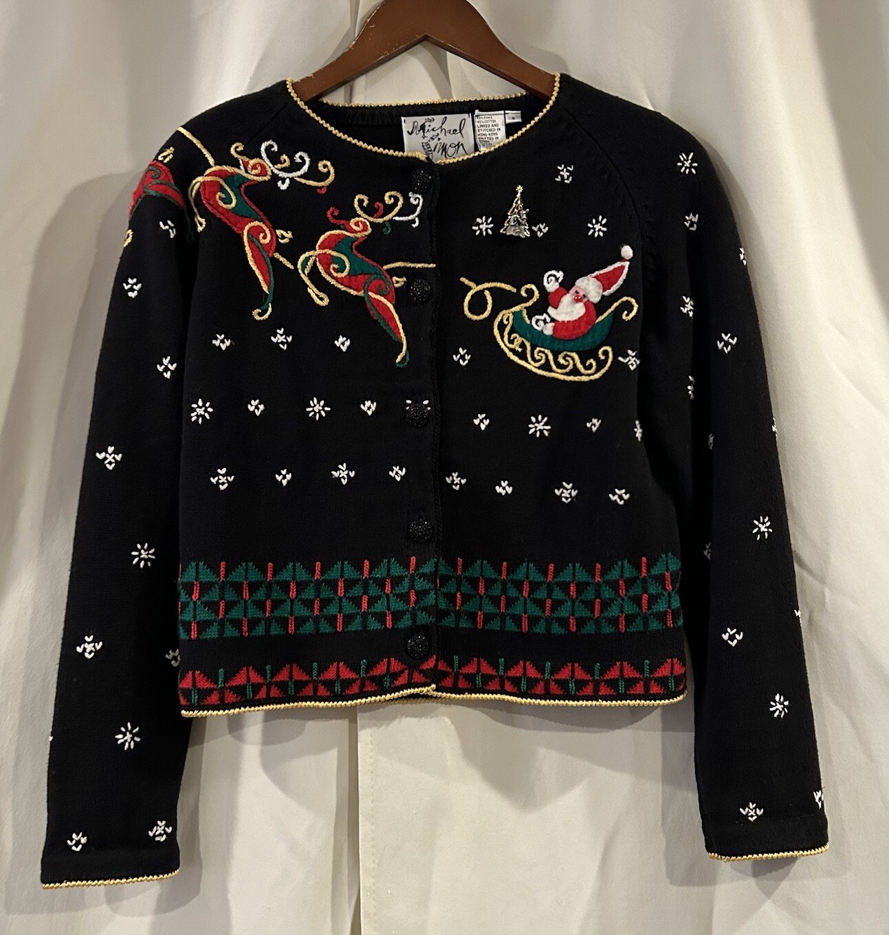 Vintage Michael Simon Santa Sleigh Holiday Cardigan 9… - Gem