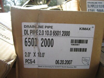 SCHOTT KIMAX 6501-2000 GLASS DRAINLINE PIPE 2 INCH DIAMETER 10 FOOT ...