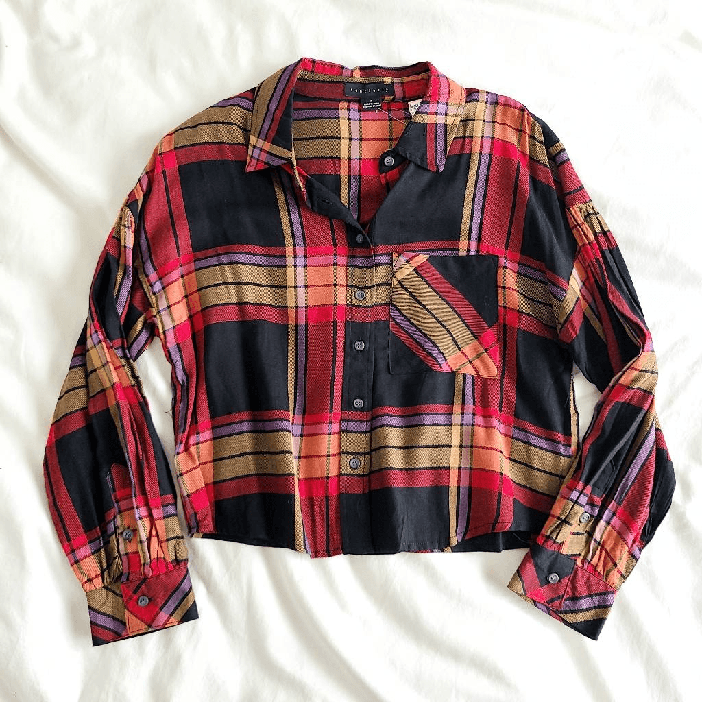 Sanctuary Cropped Flannel Shirt Top Women's Small Multicolor Plaid Long ...