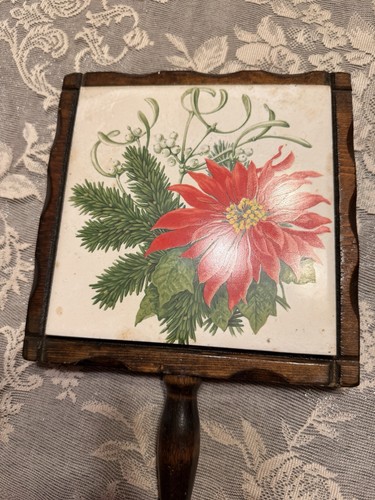 Vintage Poinsettia Tile Trivet Wood Handle Ceramic Hot Plate Christmas ...