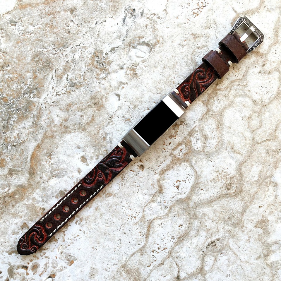 Dark Brown Embossed Handmade Leather Watch Band Strap for Fitbit Charge ...