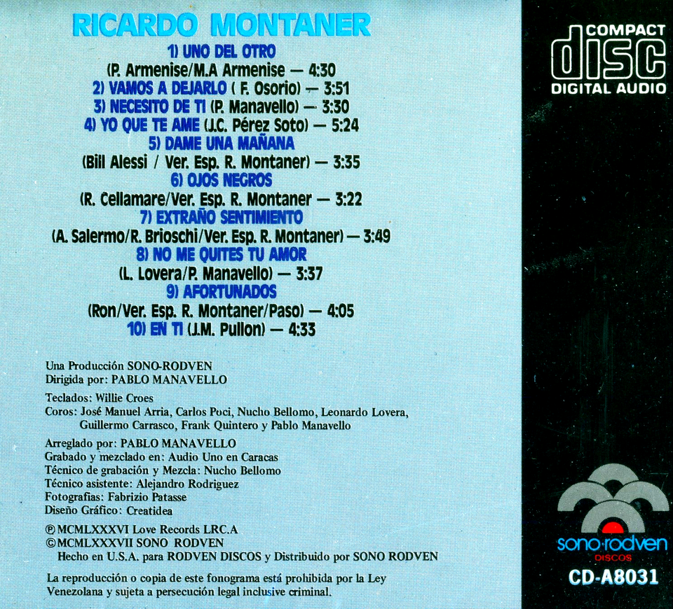 Ricardo Montaner - Uno Del Otro - 1987 Very Rare NEW Sono-Rodven ...