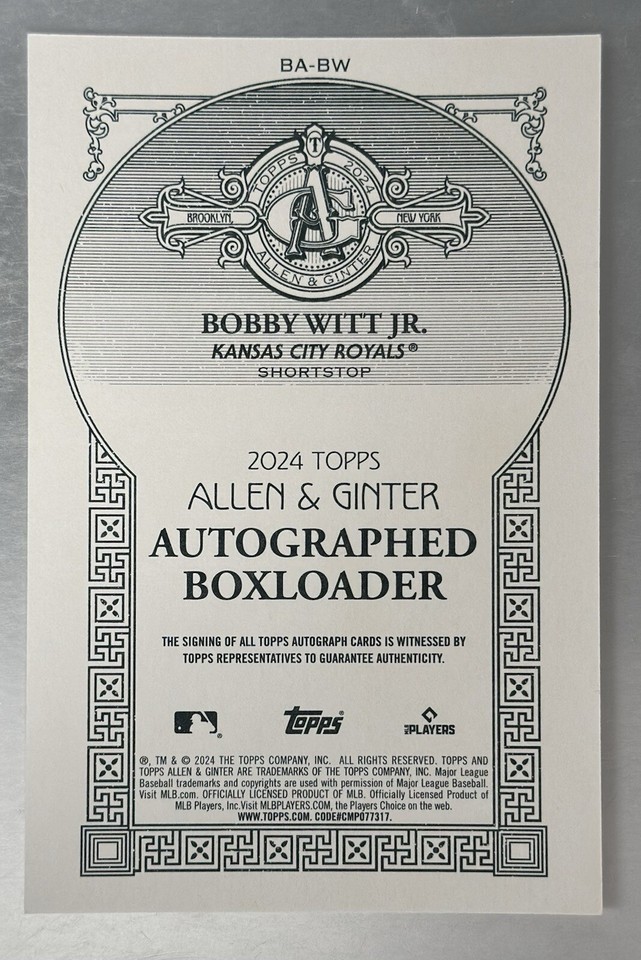 2024 Topps Allen & Ginter Bobby Witt Jr Royals On Card Auto Boxloader ...