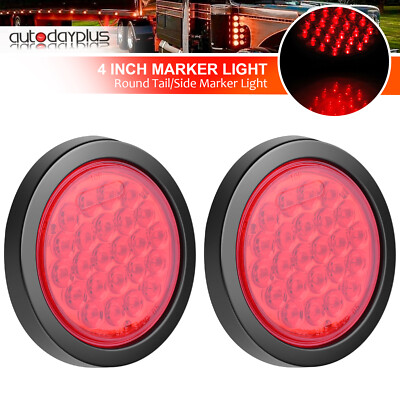 2X Red 4inch LED Round Stop Tail Brake Marker Lights Rubber Base Truck ...