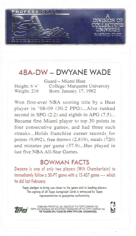 2009-10 Bowman '48 Autographs Dwyane Wade #48A-DW (AU) PSA MNT 9 | eBay