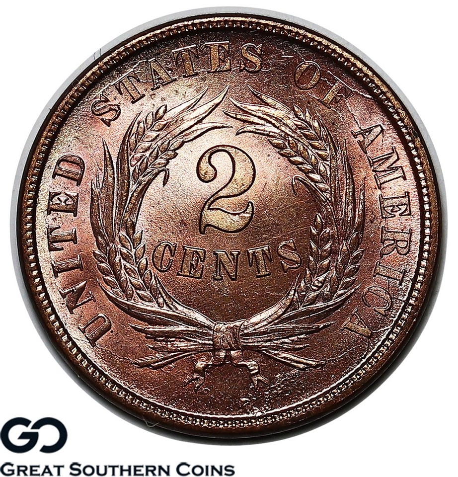 1864 Two Cent Piece, Lustrous RED, Lg Motto, Razor Sharp Superb Gem ...