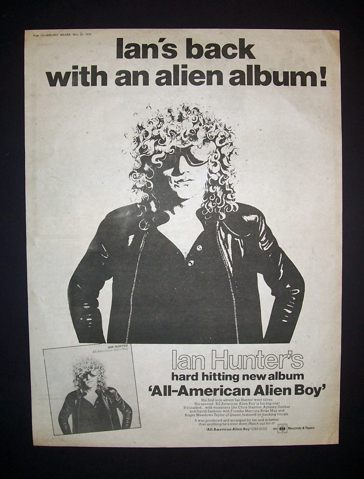 Ian Hunter All American Alien Boy 1976 Poster Type Ad, Promo Advert var ...