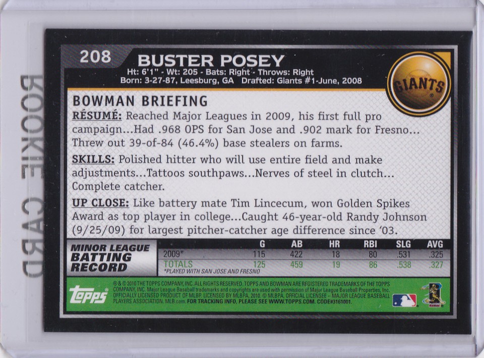 BUSTER POSEY ROOKIE CARD 2010 Bowman BASEBALL RC San Francisco Giants ...