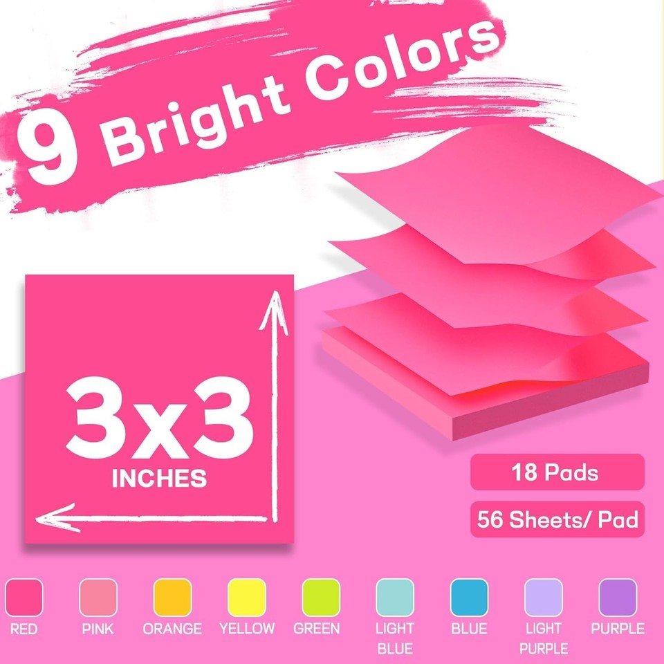 (18 Pads) Pop up Sticky Notes 3X3 Refills, Strong Adhesive Memo Pad ...