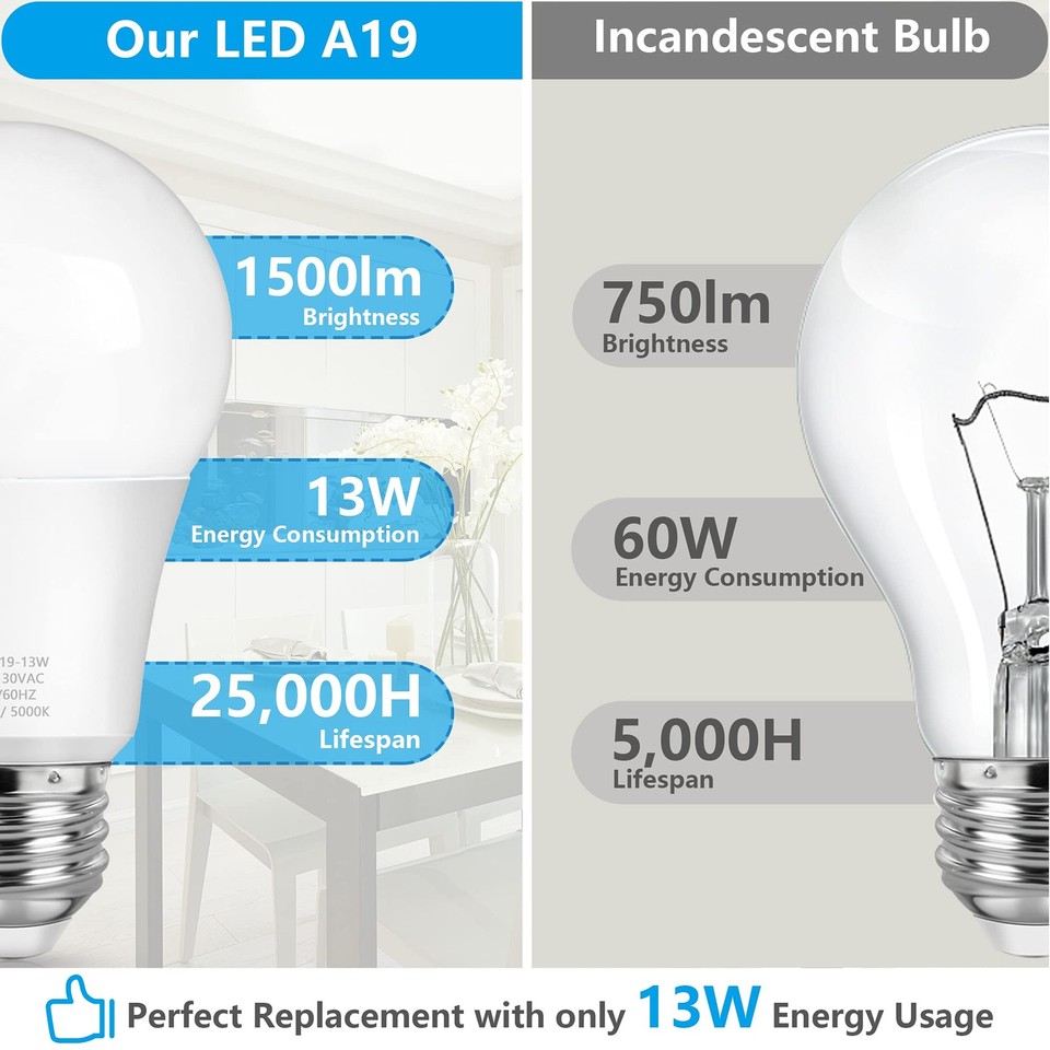 A19 LED Light Bulbs, 100 Watt Equivalent LED Bulbs, Daylight White ...