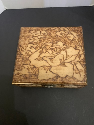 Antique 1919 Flemish Burn Carved Wood Pyrography Trinket Box Rose ...
