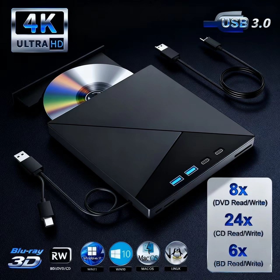 External 4K Blu-ray Optical Drive USB 3.0 Type-C Bluray/CD/DVD RW Drive ...