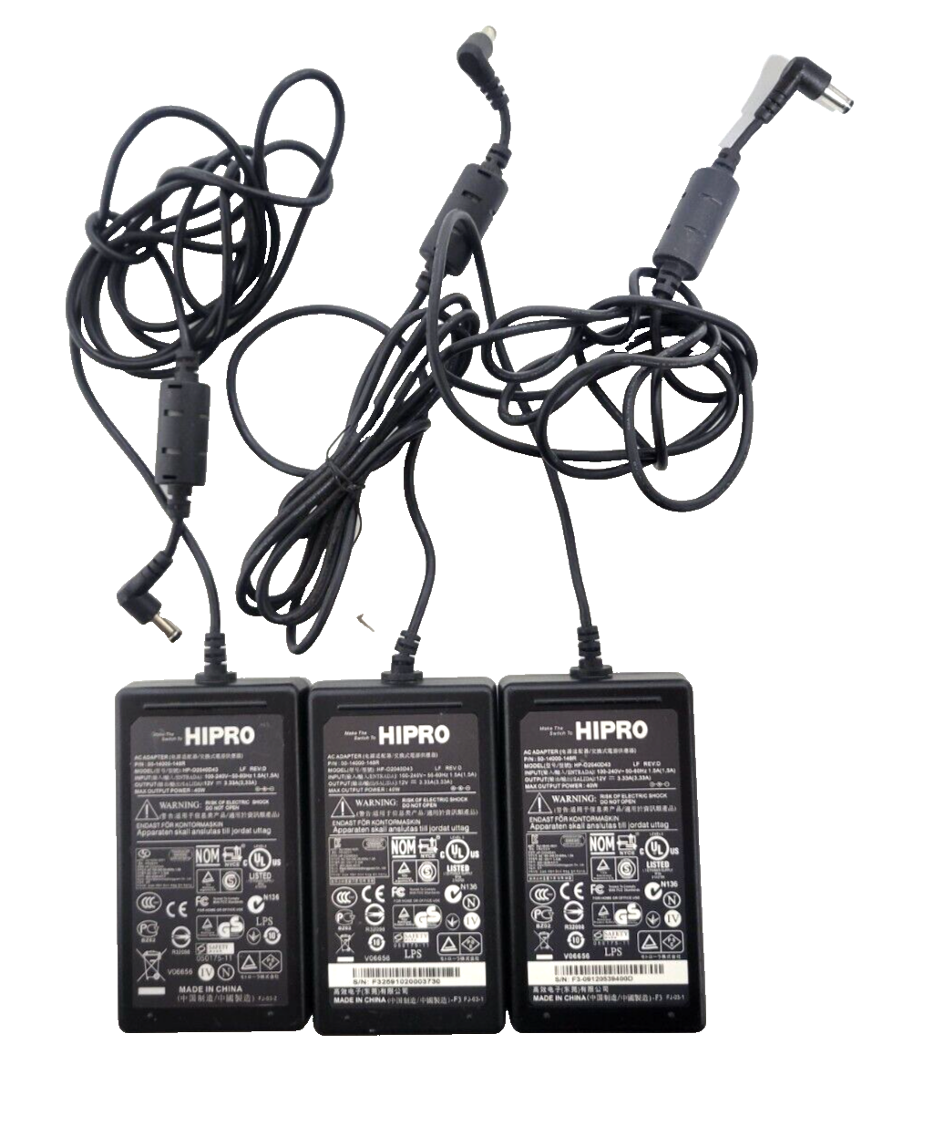 LOT OF 3 - HIPRO 50-14000-148R AC ADAPTER 12V 40W CHARGER USED WORKING ...