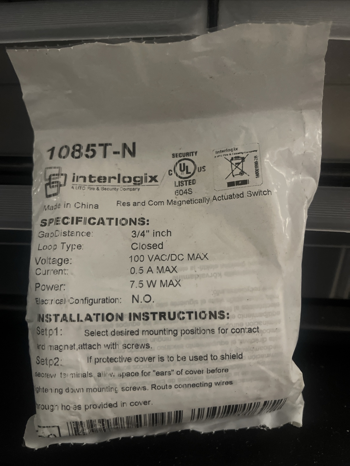 Alarm SENSOR Hardwired Interlogix 1085T-N Commercial Door/Window White ...