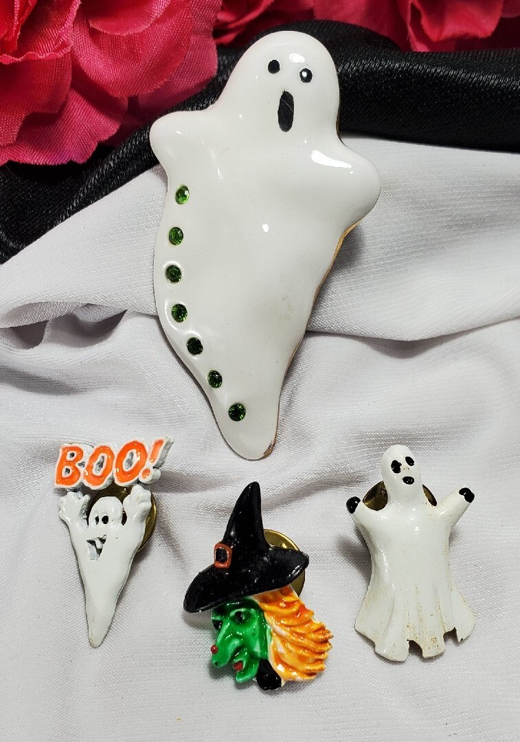 Vintage Halloween Ghost Witch Boo Rhinestone Pin Lot - Gem