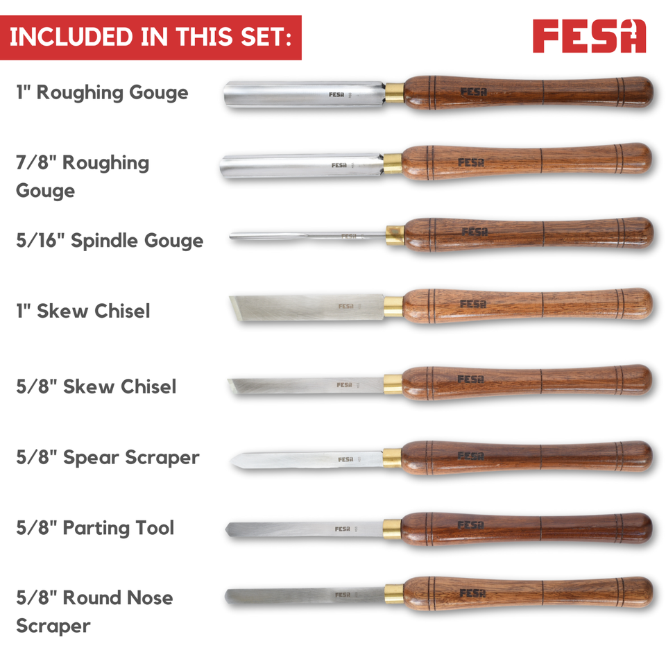 FESA Wood Turning Tools for Lathe-8 Pc HSS Wood Chisel Set-Professional ...