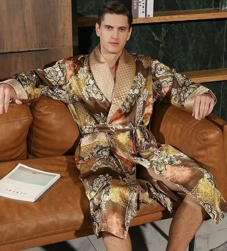 Men's Long Silk Robe Silk Bathrobe Nightwear for Winter & Fall with ...