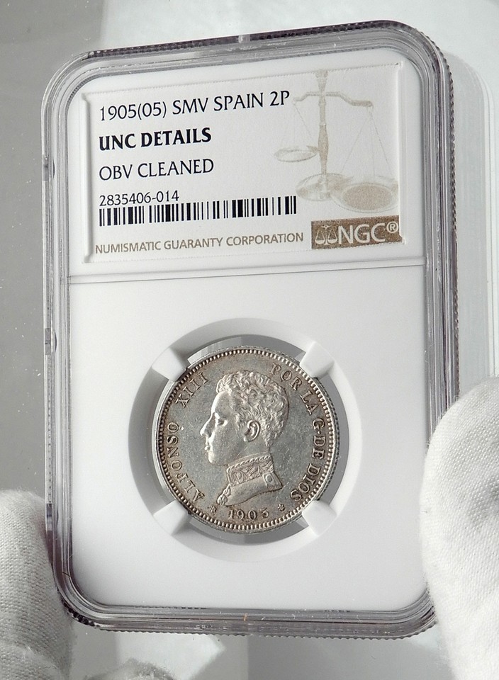 1905 SPAIN Spanish King ALFONSO XIII Genuine Silver 2 Pesetas Coin NGC ...