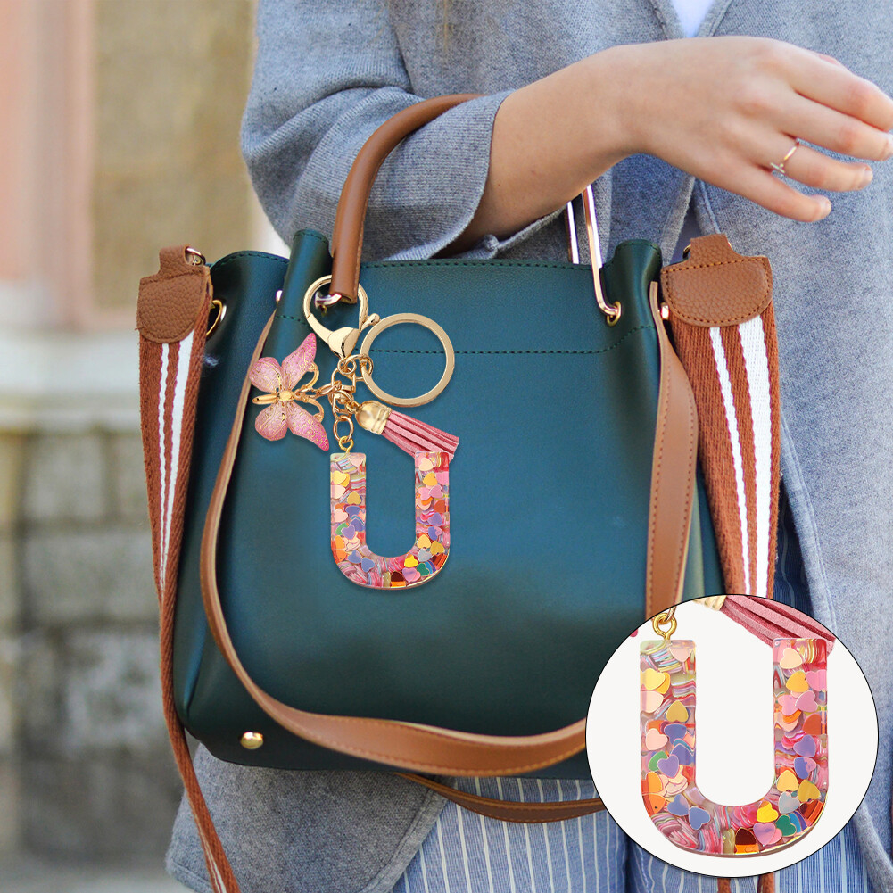 Key Ring Charm Letter U Keychain Pink Tassel Butterfly Key Ring for ...