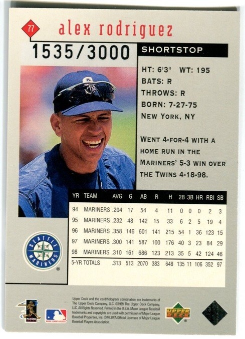 1999 (MARINERS) Black Diamond Double #77 Alex Rodriguez/3000 | eBay
