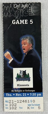 NBA 1996 11/21 MINNESOTA TIMBERWOLVES at ORLANDO MAGIC Ticket-Kevin ...