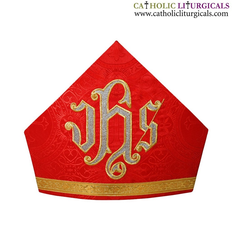 New Red Mitre with IHS embroidery,mitra,Bishop's Mitre, New | eBay
