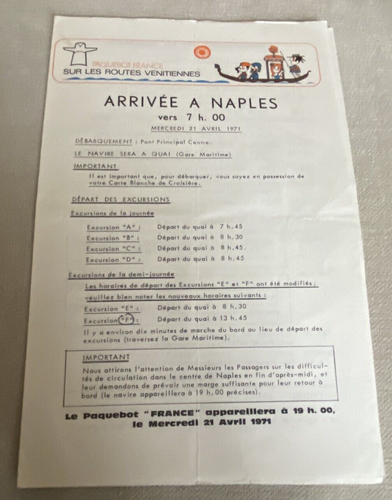 Brochure Paquebot FRANCE - Programme journée du 20 avril 1971 - Arrivée ...