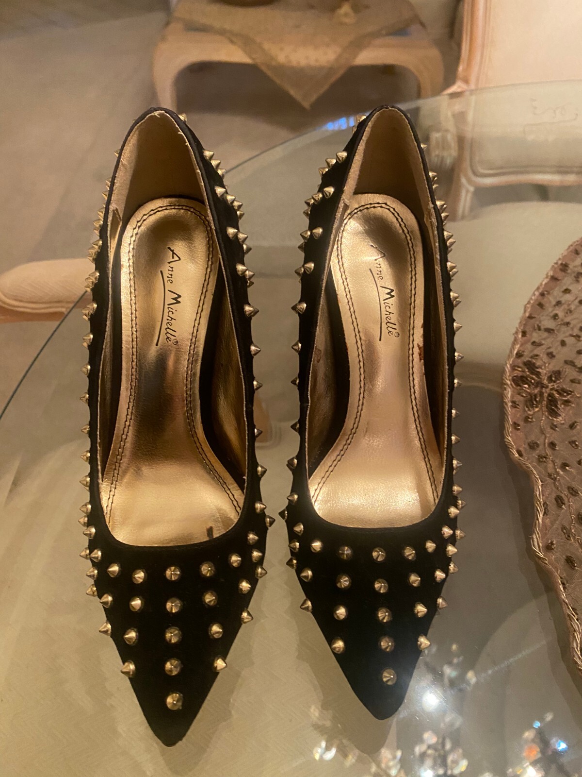 RARE! ANNE MICHELLE Black Gold Suede Studded Rockstar High Heels Pumps ...